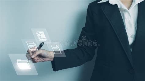 Business Woman Using Touch Screen Folder Manage Fileonline Data