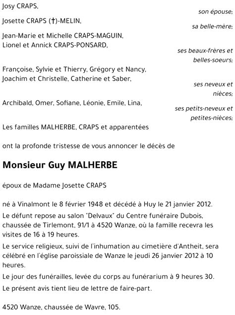 Avis De Décès De Guy Malherbe Décédé Le 21 01 2012 à Huy Annonce Condoléances Fleurs Etc