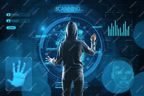 Premium Photo Back View Of Hacker In Hoodie With Abstract Glowing