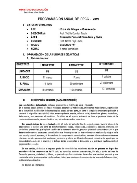 Programación Anual De Dpcc Segundo Pdf Evaluación Aprendizaje