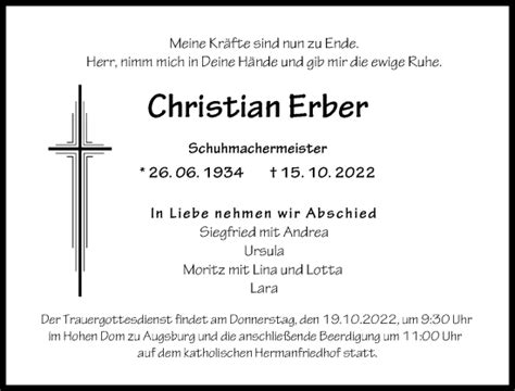 Traueranzeigen Von Christian Erber Augsburger Allgemeine Zeitung