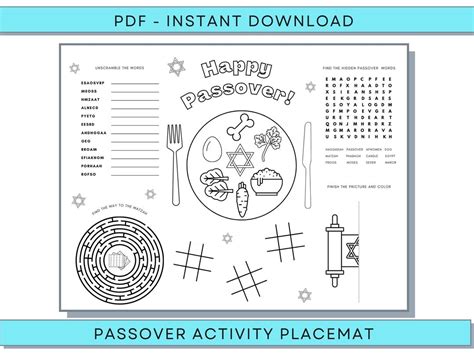 Passover Placemat Passover Activity Placemat Passover Coloring
