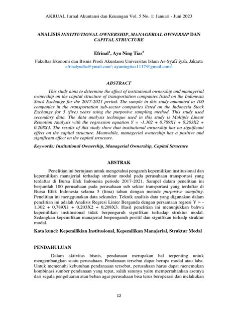 Analisis Institutional Ownership Managerial Ownership Dan Capital Structure Pdf