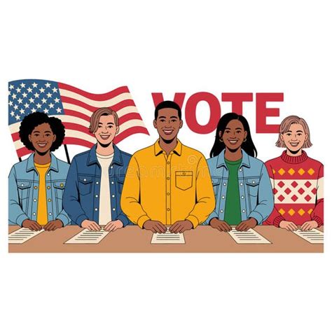 Diverse Group Of Young Adults At Table With Voting Papers American Flag