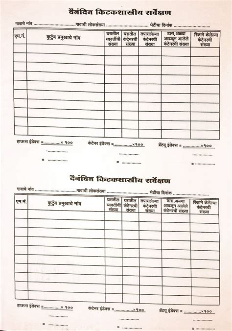 Container Survey Register For Health Department Use