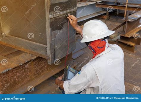 The Inspectors Are Checking Defect In Welded Of Steel Add Joint With Process Ultrasonic Testing