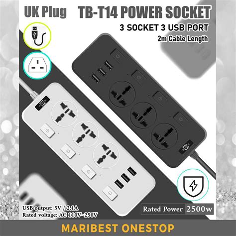 Tb T14 3 Socket 3 Usb Power Socket Extension 2 Meter Wall Extension