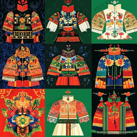 Ai创作图传统服饰图案 传统服装图案 民俗服饰图案 戏服传统图案 少数民族满族 文官武将官员朝服 满族包装插画 蒙古族套装 传统服装设计 民族