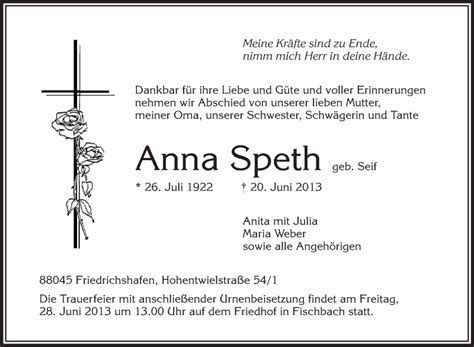 Traueranzeigen Von Anna Speth Schwaebischede Trauerportal