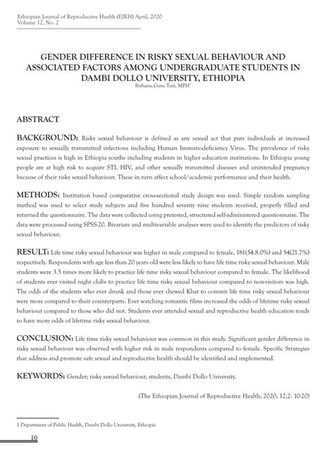 Pdf Gender Difference In Risky Sexual Behaviour And Associated