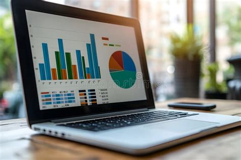 Laptop Displaying Colorful Business Charts And Graphs On Screen Data Analysis And Financial
