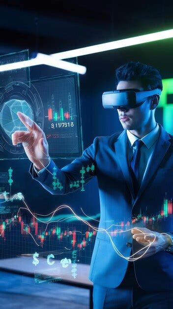 Male In A Suit With Virtual Reality Glasses On His Head Working In Virtual Financial World