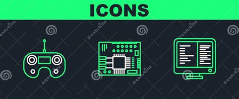 Set Line Computer Monitor Screen Remote Control And Printed Circuit Board Pcb Icon Vector