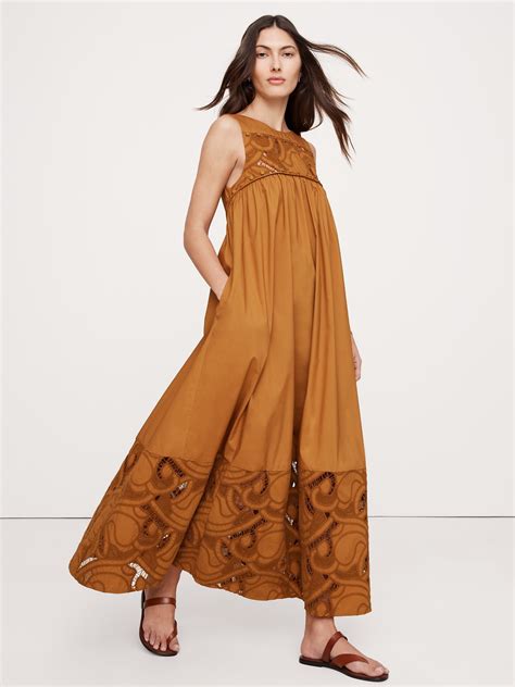 Embroidered Cotton Poplin Maxi Dress Banana Republic