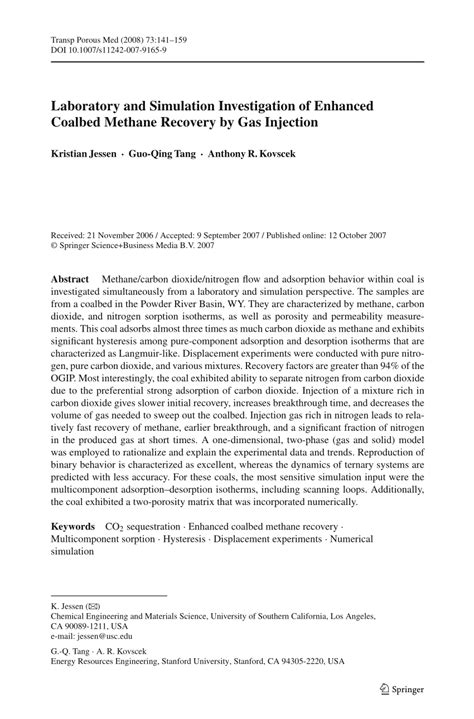 Pdf Laboratory And Simulation Investigation Of Enhanced Coalbed Methane Recovery By Gas Injection