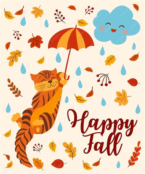 Premium Vector Happy Autumn Falling Leaves And Cute Funny Cat With