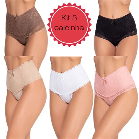 Kit 5 Calcinha Modeladora Cintura Alta Confortável Renda Pós Parto