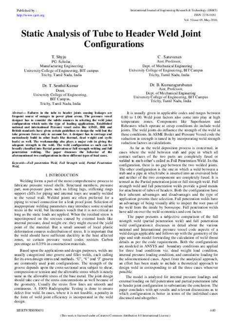Pdf Ijert Static Analysis Of Tube To Header Weld Joint Configurations