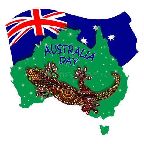 Map Of Australia With Lizard And Flag Isolated On White Background