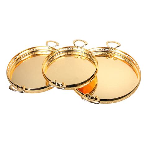 Damoo 3 Piece Luxury Gold Round Serving Tray Set Elegant Arabic Desi