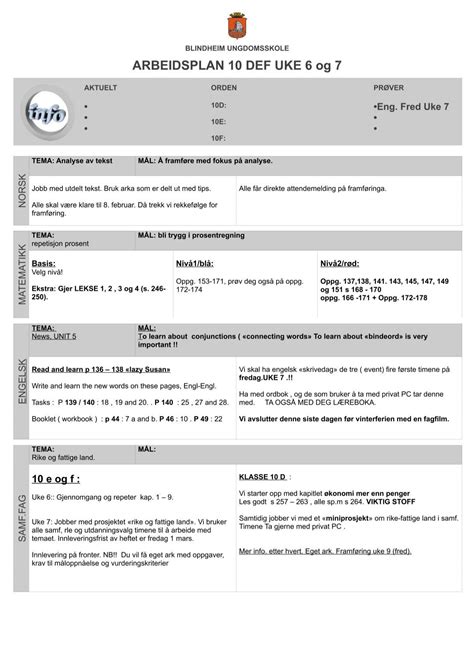 Arbeidsplan 10 Def Uke 6 Og 7