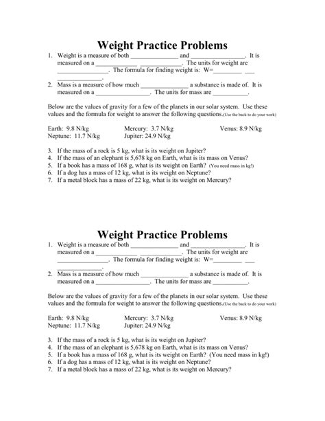Weight And Mass Practice Problems Worksheet