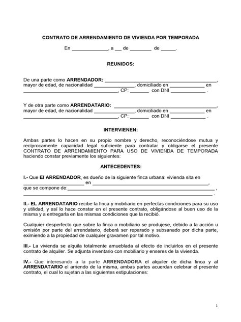 Modelo De Contrato De Alquiler Por Temporada Pdf
