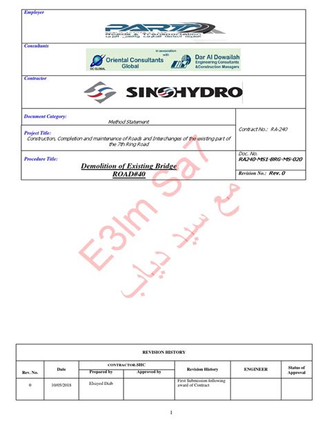 Demolition Of Existing Bridge Method Statement Pdf Road Laboratories
