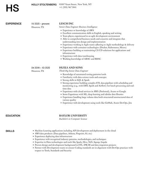 Senior Data Engineer Resume Samples Velvet Jobs