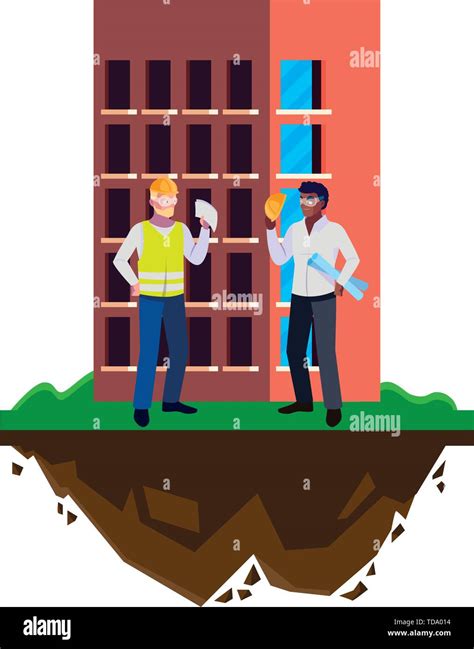 Interracial Male Builders Constructors With Building Vector