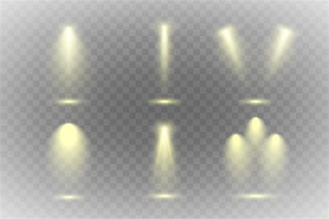 투명 한 배경에 고립 된 스포트 라이트의 집합입니다 골드 광선 및 광선 벡터 빛나는 조명 효과 프리미엄 벡터
