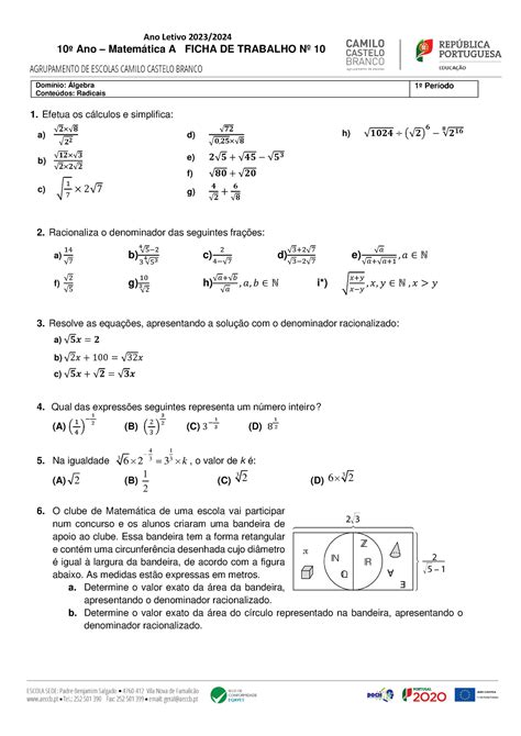Ft10 10ano Pdf Ano Letivo 202 3 202 4 10 º Ano Matemática A Ficha De Trabalho Nº 10