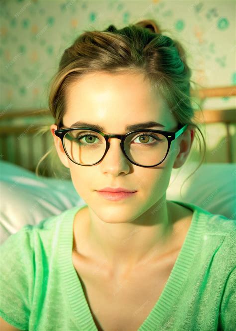 Stylish Emma Watson Wearing Geek Glasses In Bed Perfect For Wallpaper