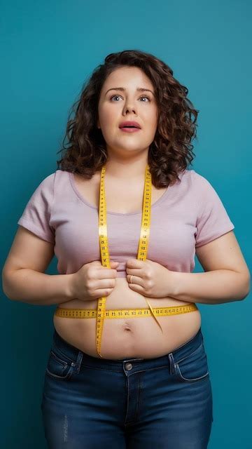 Overweight Squeeze Belly Fat With Measure Tape On Her Neck Premium Ai