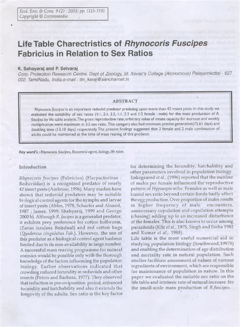 Pdf Life Table Characteristics Of Rhynocoris Fuscipes Fab In