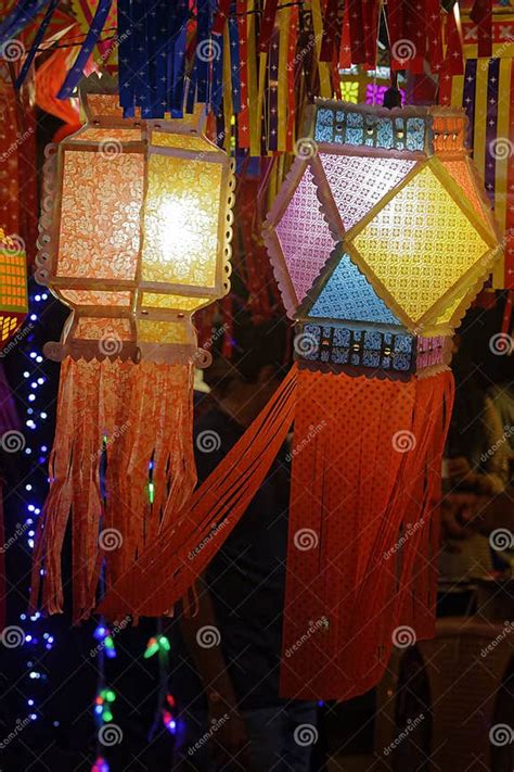 Colorful Traditional Lanterns In Various Shapes Akash Kandil Diwali Decorative Lamps Stock