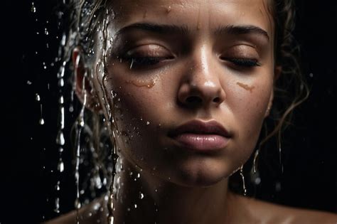 Premium Photo Womans Face Full Of Water Dripping Down Her Face A