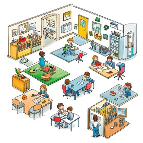 A Visual Of Different Classroom Activity Centers Such As Reading Math And Science Premium Ai