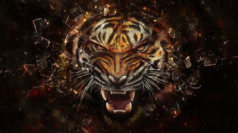 1920x1080 Tiger Glass Broken Glass Shards Face Teeth Animals Artwork