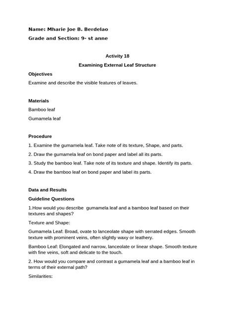 Activity 18 Examining External Leaf Structure Answer Pdf