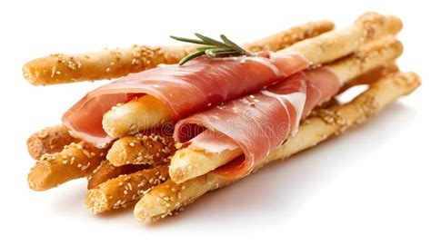 Delicious Grissini Sticks With Prosciutto Isolated On White Set Stock