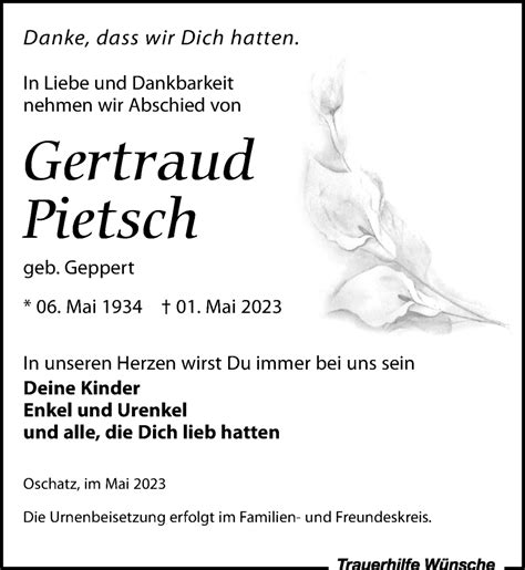 Traueranzeigen Von Gertraud Pietsch Trauer Anzeigen De