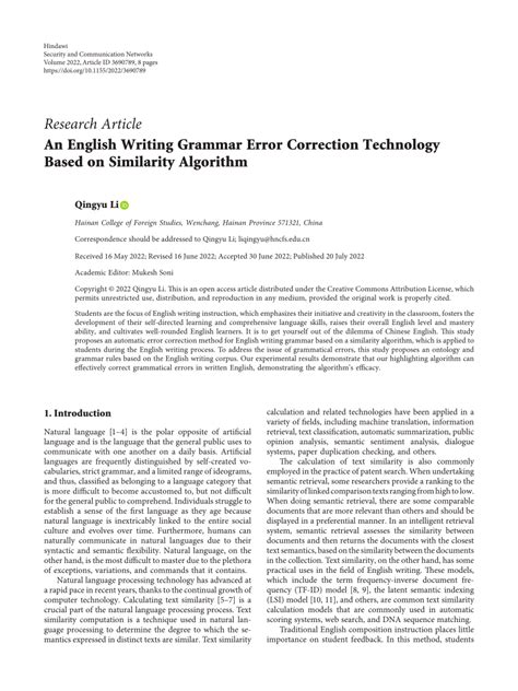 Pdf An English Writing Grammar Error Correction Technology Based On