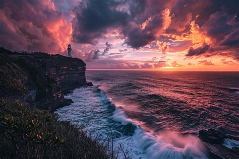 Panoramic Coastal Cliffside With Crashing Waves And Lone Lighthouse
