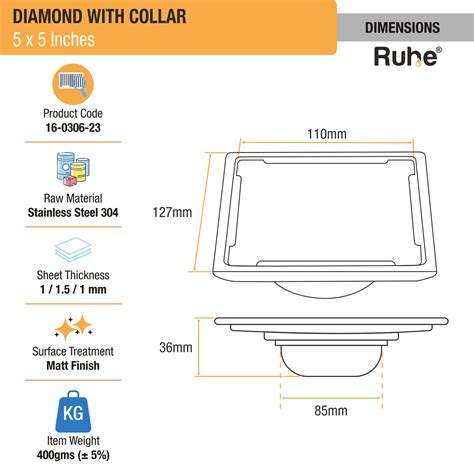 Diamond Square 304 Grade Floor Drain With Collar And Cockroach Trap 5 X