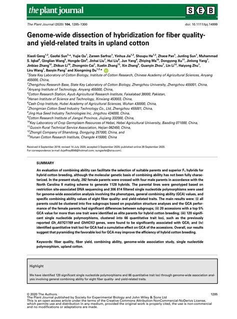 Pdf Genome‐wide Dissection Of Hybridisation For Fiber Quality‐ And Yield‐related Traits In
