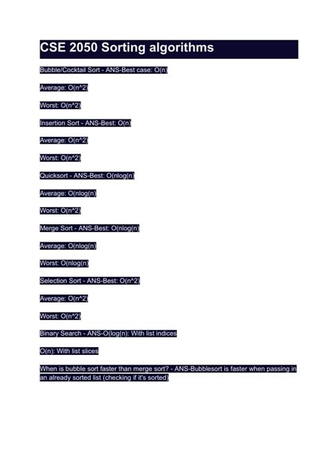 Cse 2050 Sorting Algorithms Questions With 100 Actual Correct Answers