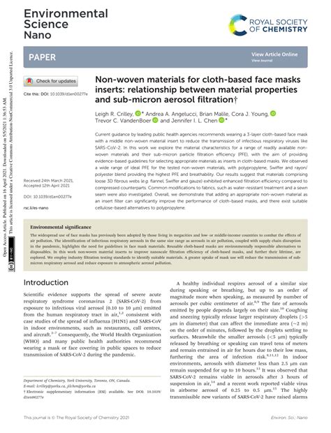 Pdf Non Woven Materials For Cloth Based Face Mask Inserts