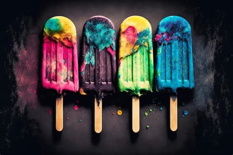 Premium Photo Four Popsicles Of Different Colors And Tastes On Black
