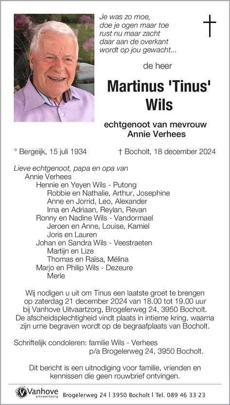 Tinus Wils † 18 12 2024 Inmemoriam